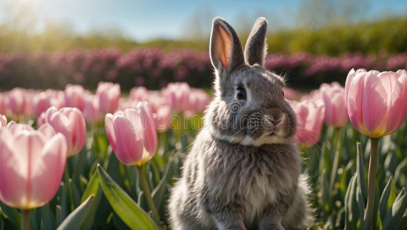Easter Bunny with Flowers in the Rays of the Spring Sun. AI Generated ...