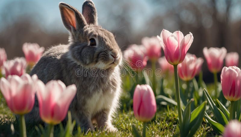 Easter Bunny with Flowers in the Rays of the Spring Sun. AI Generated ...