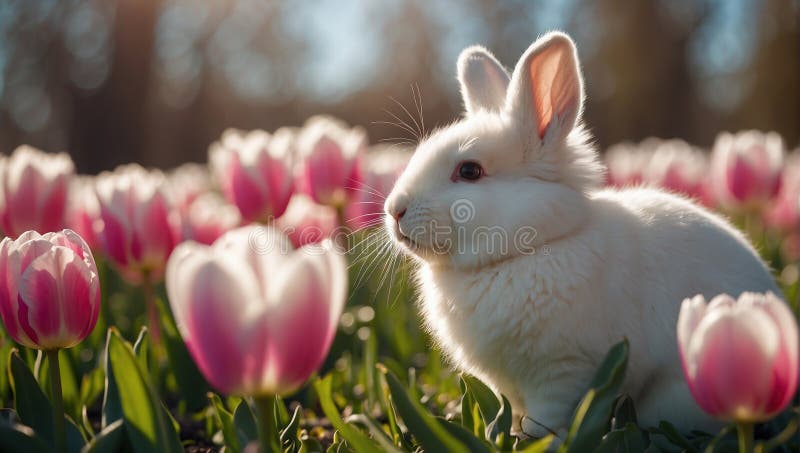 Easter Bunny with Flowers in the Rays of the Spring Sun. AI Generated ...