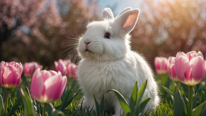 Easter Bunny with Flowers in the Rays of the Spring Sun. AI Generated ...