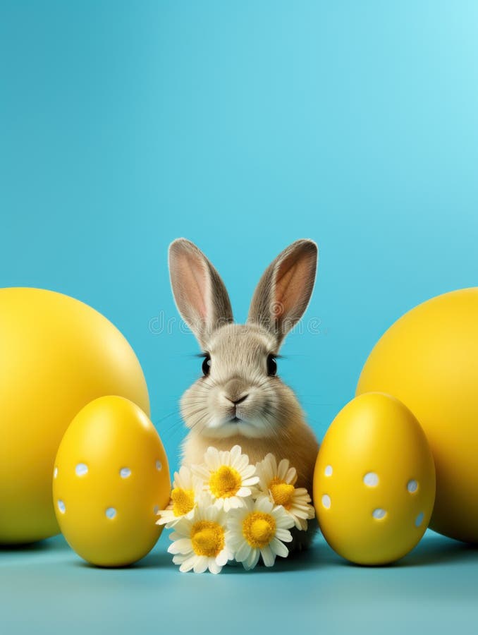 Easter Bunny with Flowers and Yellow Eggs on a Blue Background. Stock ...