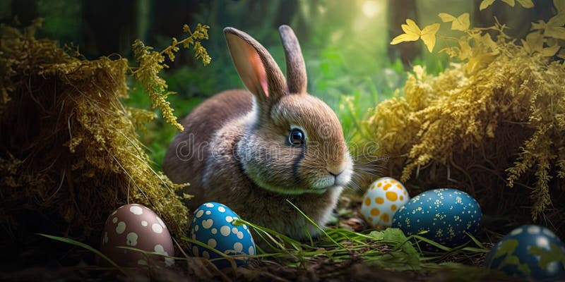 Easter Bunny in the Forest among Easter Eggs. Stock Photo - Image of ...