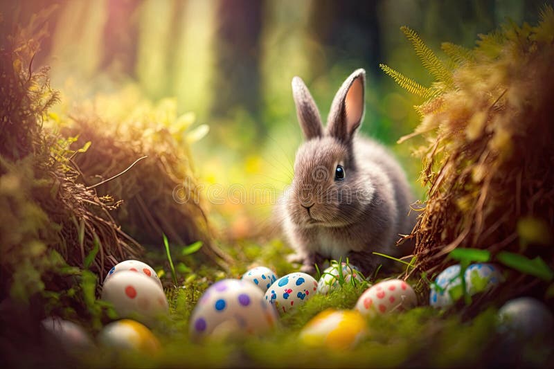 Easter Bunny in the Forest among Easter Eggs. Stock Photo - Image of ...