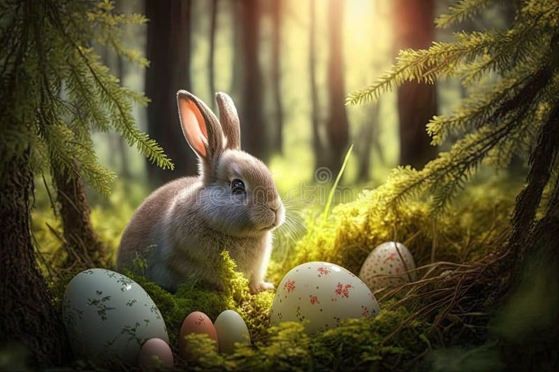 Easter Bunny in the Forest among Easter Eggs. Stock Illustration ...
