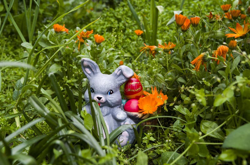 Easter bunny in the garden stock photo. Image of plant - 68649854