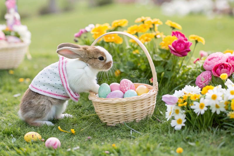 Easter Bunny in Garden, Searching for Eggs Stock Illustration ...