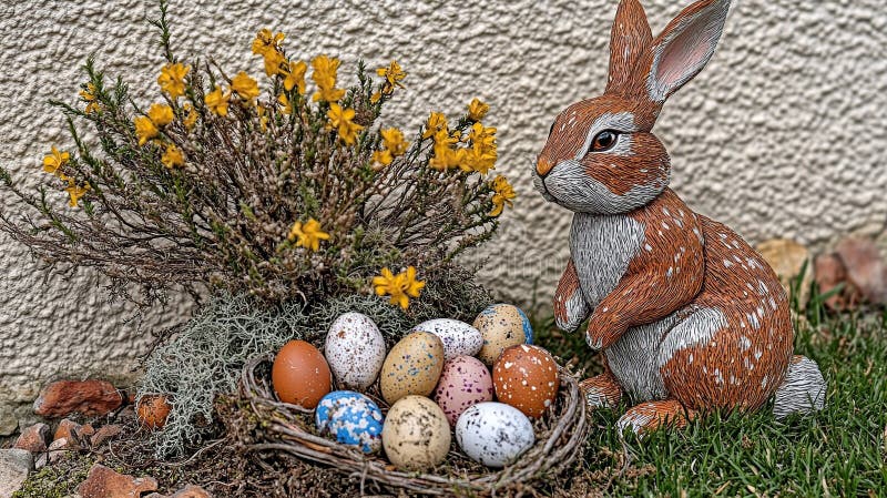 Easter Bunny Garden Statue Eggs Flowers Spring Stock Image - Image of ...
