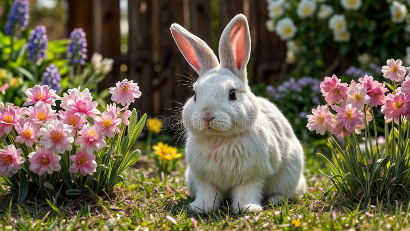 Easter Bunny in the Garden Surrounded by Flowers Stock Illustration ...