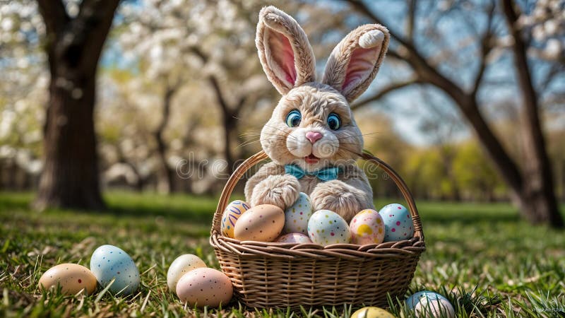 Easter Bunny in the Garden Surrounded by Flowers Stock Illustration ...