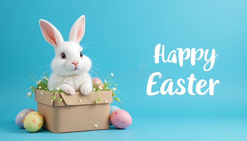 Easter Bunny in a Gift Box Greetings Card. White Bunny Rabbit Sits ...