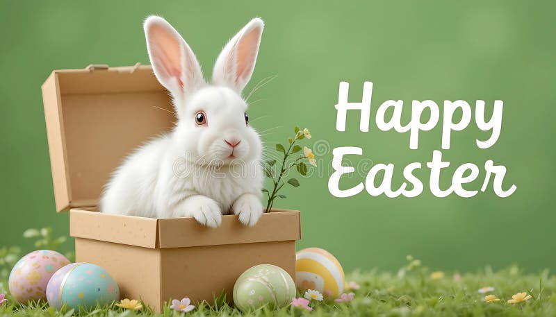 Easter Bunny in a Gift Box Greetings Card. White Bunny Rabbit Sits ...