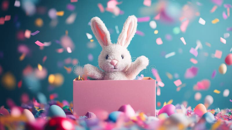 Easter Bunny Gift Box Surprise Amidst Colorful Confetti Stock ...