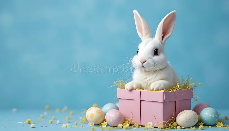 Easter Bunny in a Gift Box. White Bunny Rabbit Sits Inside a Pink Gift ...