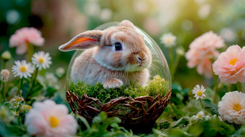 Easter Bunny in the Glass Egg among the Spring Flowers Stock ...