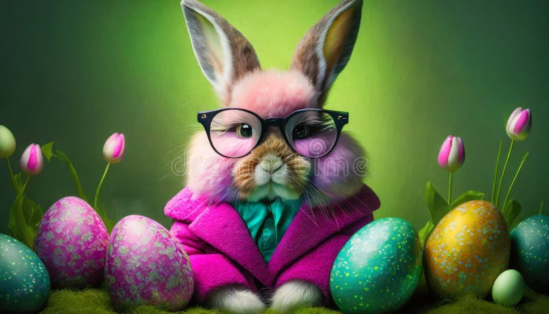 Easter Bunny with Glasses and Eggs on a Green Stock Illustration ...