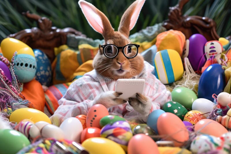 Easter Bunny with Glasses Using Phone Stock Photo - Image of animal ...