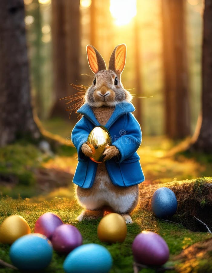 Easter Bunny with Golden Egg Stock Illustration - Illustration of tree ...