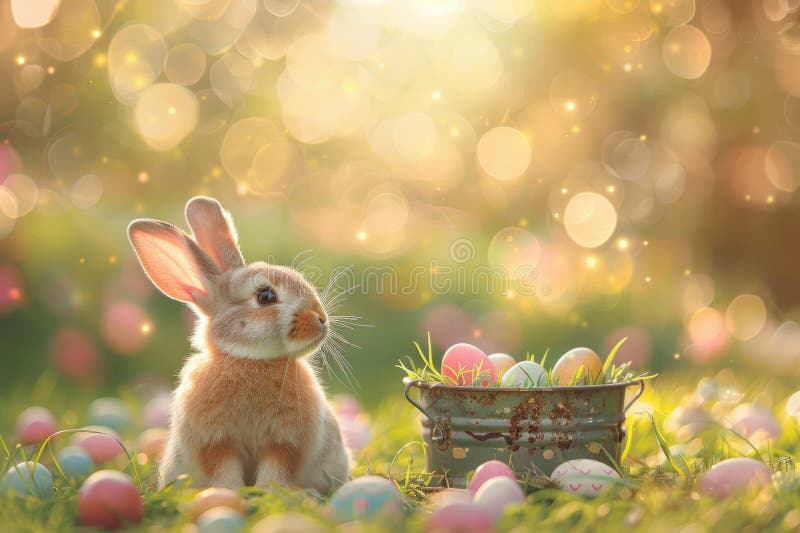 Easter Bunny in Grass by a Bucket and Eggs Stock Photo - Image of grass ...