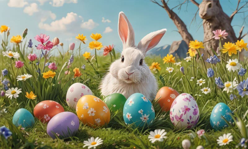 Easter Bunny in the Grass with Colorful Eggs Stock Illustration ...