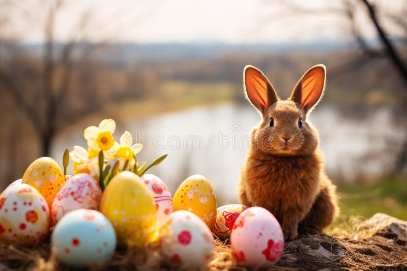 Easter Bunny on Grass with Daffodils, Easter Painted Eggs, Lake in ...