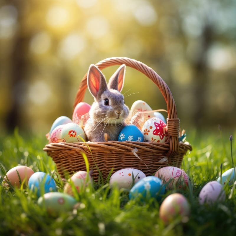 Easter Bunny in Green Grass with Painted Eggs, Sunny Day, Egg Hunt ...