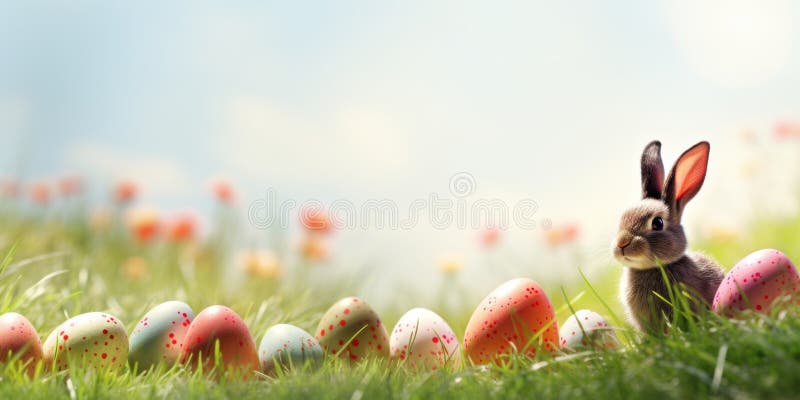 Easter Bunny in Green Grass with Painted Eggs, Sunny Day, Egg Hunt ...