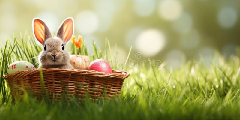 Easter Bunny in Green Grass with Painted Eggs, Sunny Day, Egg Hunt ...