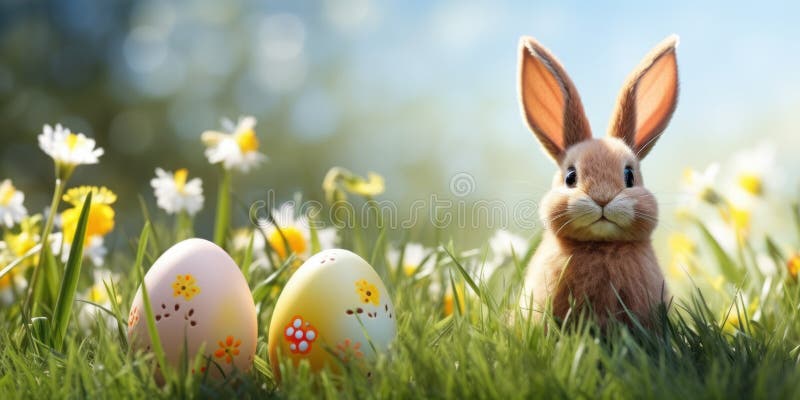 Easter Bunny in Green Grass with Painted Eggs, Sunny Day, Egg Hunt ...