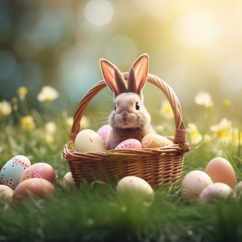 Easter Bunny in Green Grass with Painted Eggs, Sunny Day, Egg Hunt ...