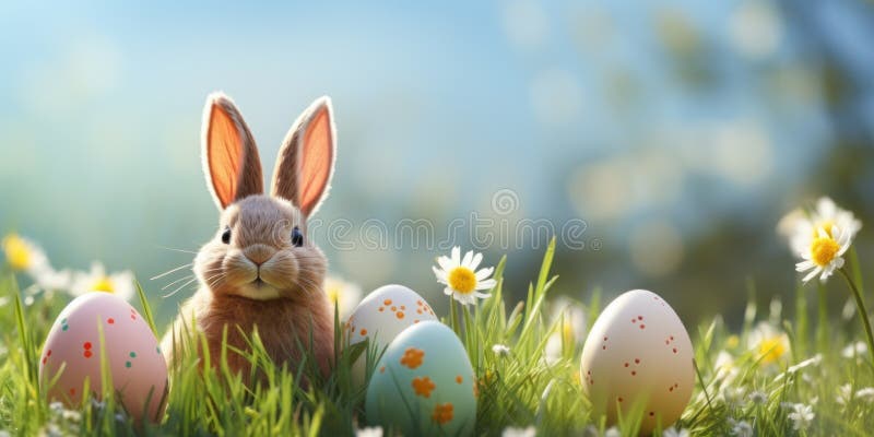 Easter Bunny in Green Grass with Painted Eggs, Sunny Day, Egg Hunt ...