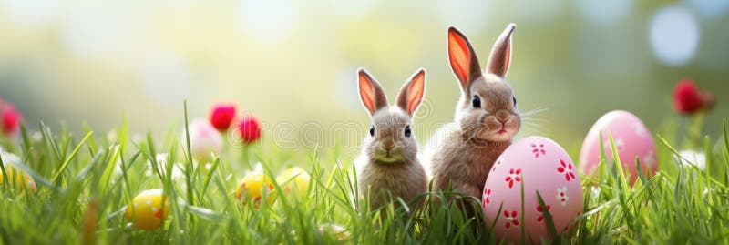 Easter Bunny in Green Grass with Painted Eggs, Sunny Day, Egg Hunt ...