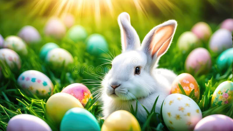 Easter Bunny on the Green Lawn. Easter Eggs and a Rabbit in the Meadow ...