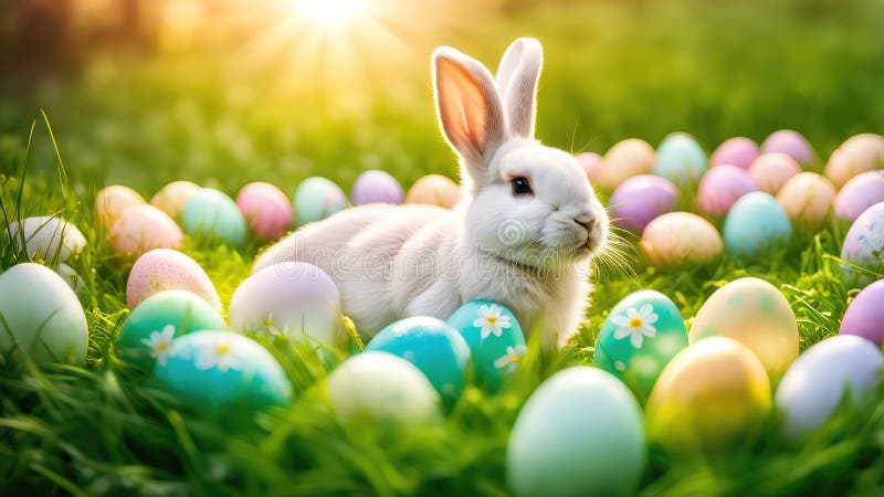 Easter Bunny on the Green Lawn. Easter Eggs and a Rabbit in the Meadow ...