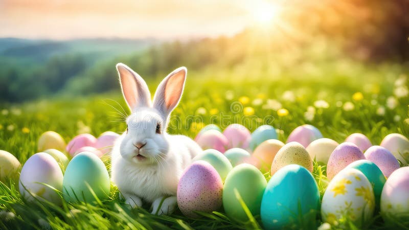 Easter Bunny on the Green Lawn. Easter Eggs and a Rabbit in the Meadow ...