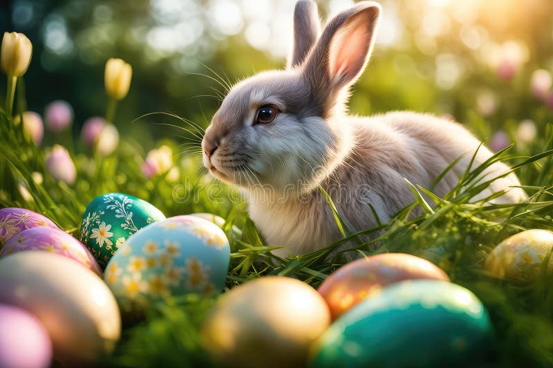 Easter Bunny on the Green Lawn. Easter Eggs and a Rabbit in the Meadow ...