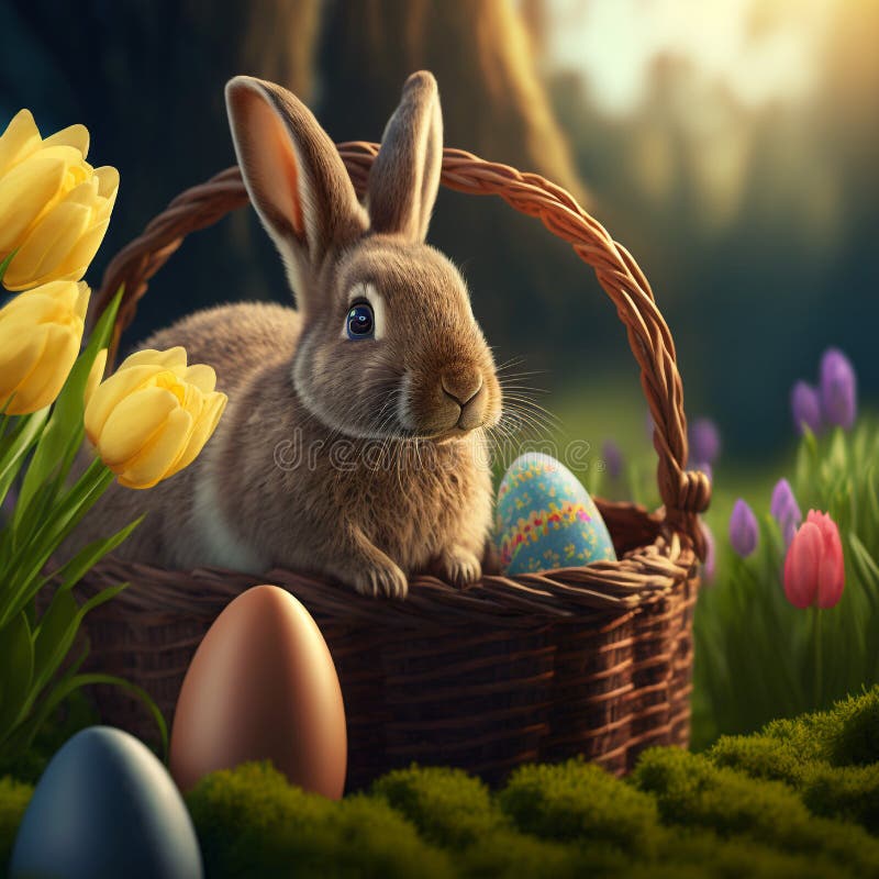 Easter Bunny in Green Meadow Sitting in the Basket Stock Illustration ...