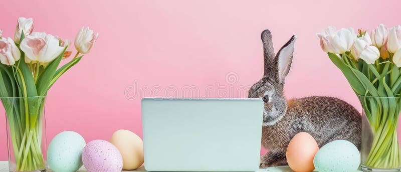 The Easter Bunny Hacker is Working on a Laptop. Generated by AI Stock ...