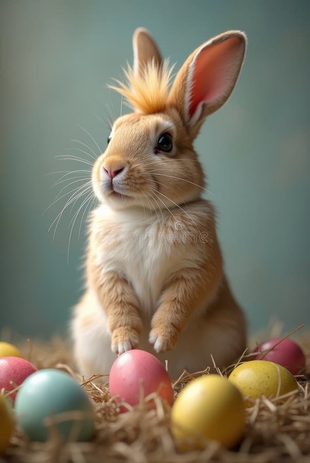 Easter Bunny with Hairstyle Posing with Colorful Eggs. Ai Generated ...