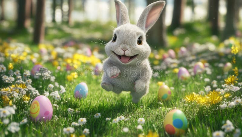 An Easter Bunny Happily Hopping in a Meadow with Eggs and Space for a ...