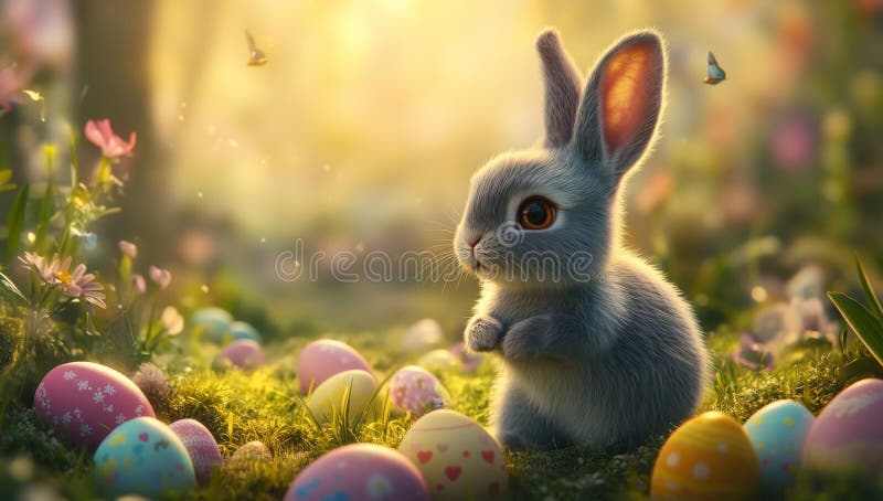 An Easter Bunny Happily Hopping in a Meadow, Surrounded by Eggs and ...
