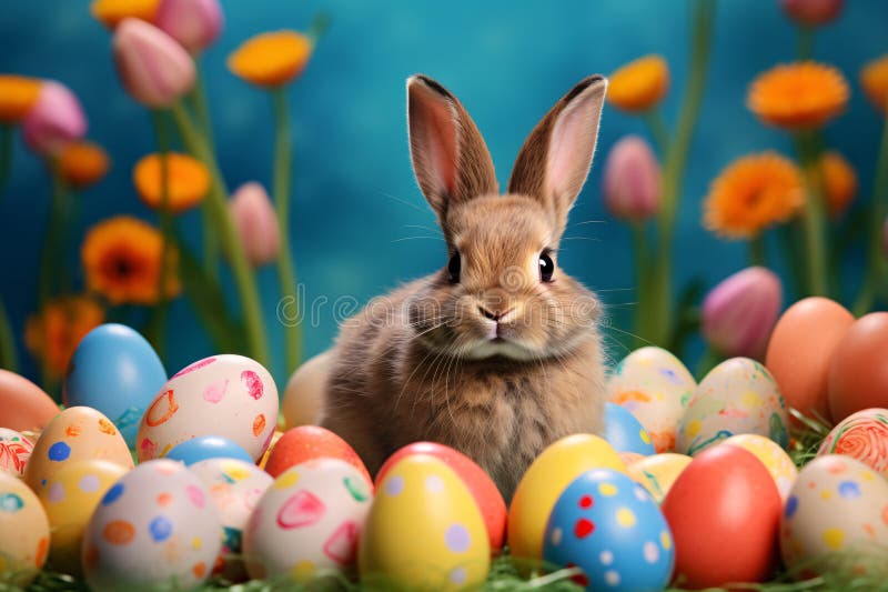The Easter Bunny is Hidden among Colorful Eggs. Happy Easter Stock ...