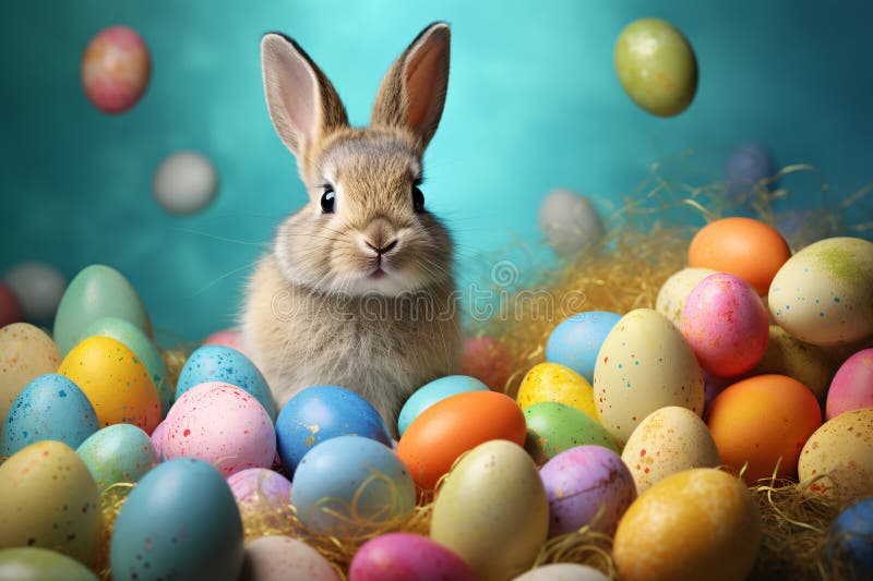 The Easter Bunny is Hidden among Colorful Eggs. Happy Easter Stock ...