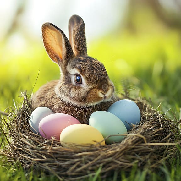 Easter Bunny Hides Bright Eggs in Nest Stock Photo - Image of nest ...