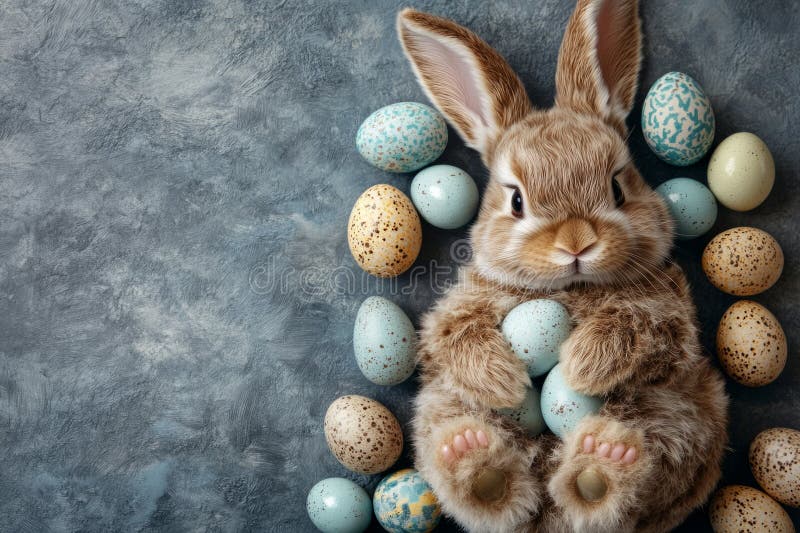 Easter Bunny Holding Colorful Eggs on Gray Background Stock Image ...