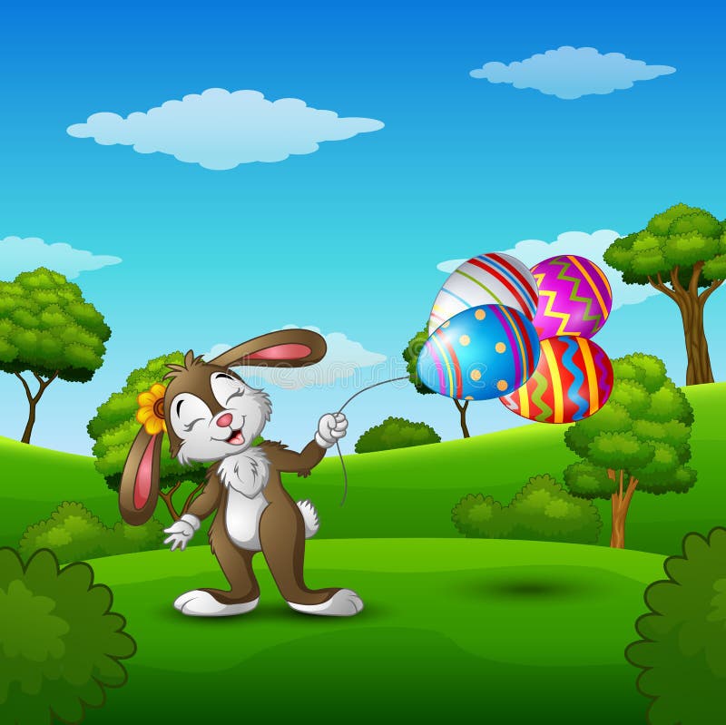 Easter Bunny Holding Easter Eggs Balloons in the Park Stock Vector ...