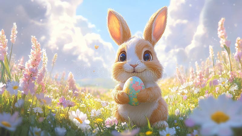 Easter Bunny Holding Egg, Flower Field, Spring Stock Illustration ...