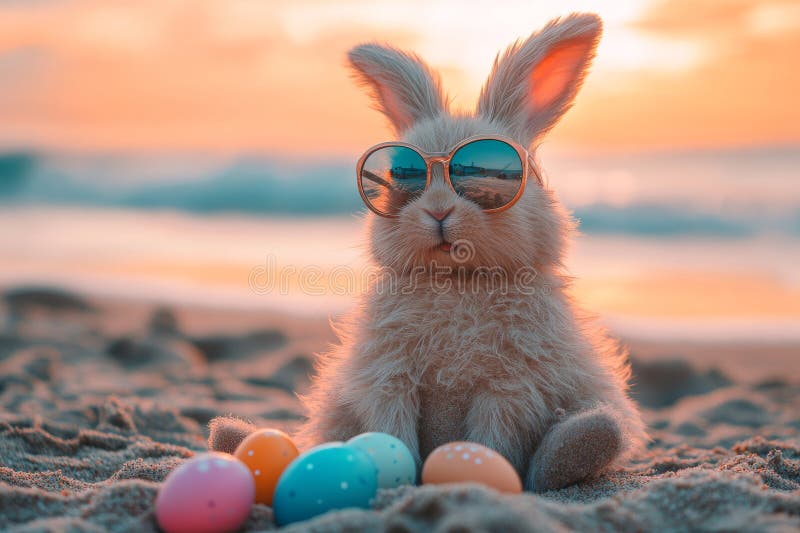 Easter Bunny Holding Easter Eggs on a Beach Stock Image - Image of ...