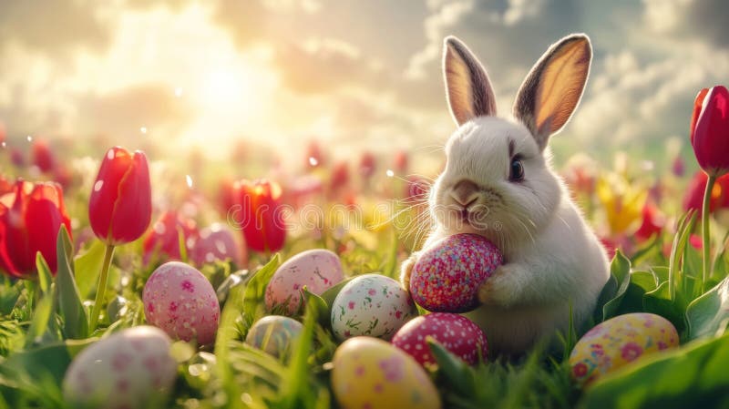 Easter Bunny Holds Egg among Spring Tulips Stock Illustration ...