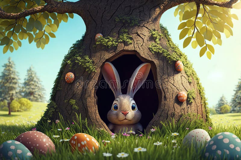 Easter Bunny in a Hole of Tree Around Easter Eggs Stock Illustration ...