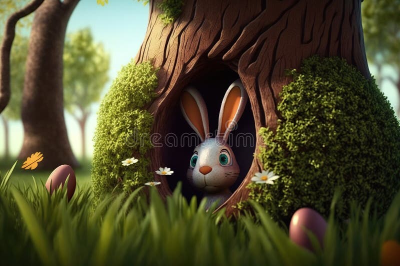 Easter Bunny in a Hole of Tree Around Easter Eggs Stock Illustration ...